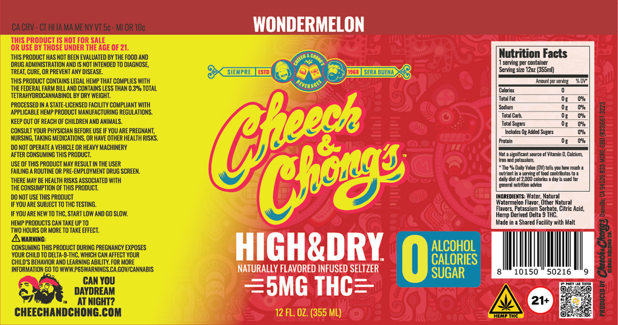 Wondermelon- HIGH AND DRY THC Infused Seltzer Water – Cheech & Chong's ...